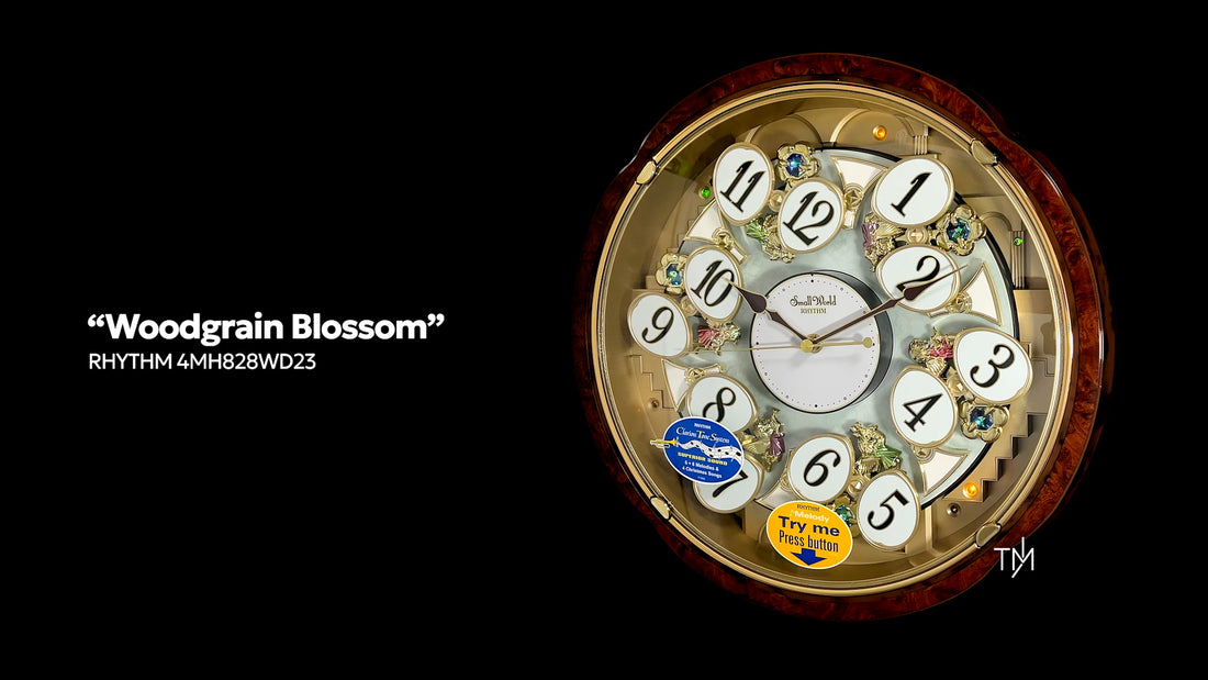 Rhythm “Woodgrain Blossom” Magic Motion Musical Wall Clock with Animat ...